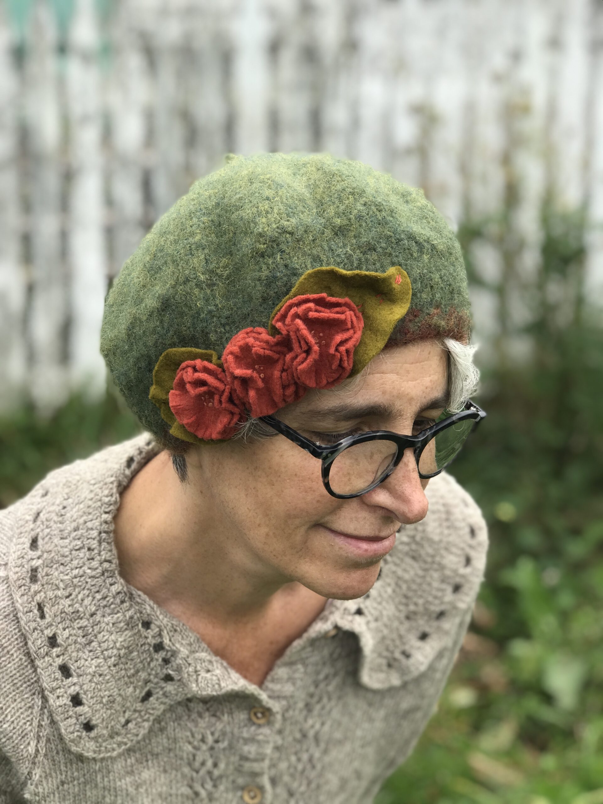 Beret- Hand Knit and Felted- Moss Green and Rust Flowers- Colette- Made ...
