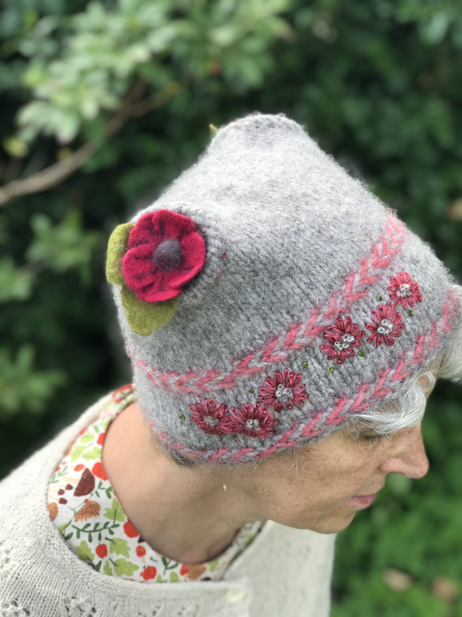 Flower Monster Hand Knit and Felted Hat- Grey and Pink- Made to Order ...