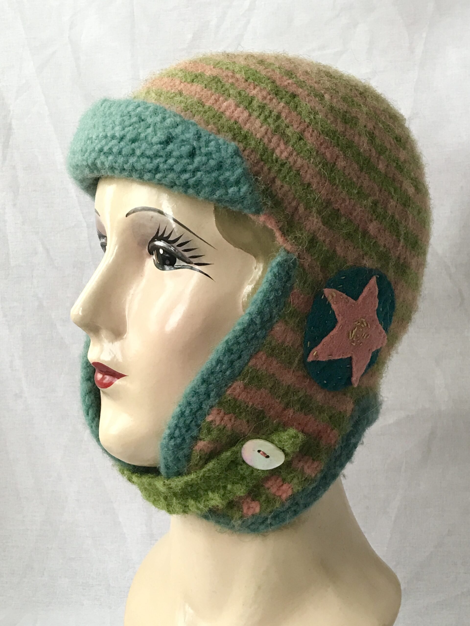 Striped Flight Hat- Teal and Apricot- Size Medium to Large- Ready to ...